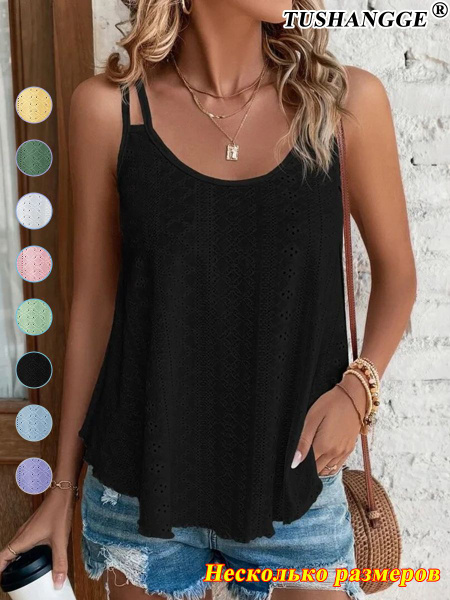 Майка Женский TUSHANGGE черный, размер 50, 52 Полиэфирное волокно Пляжный Китай Однотонный, рост ...