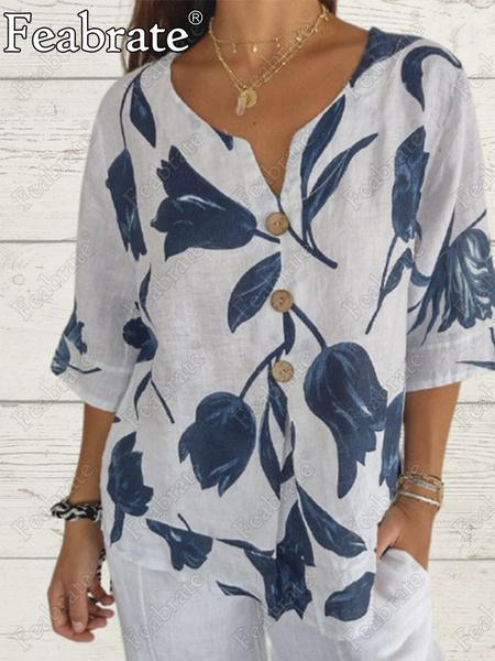 Блузка Женский Feabrate белый Полиэстер Три четверти Другое, размер 58, 60 свободный Пуговицы ...