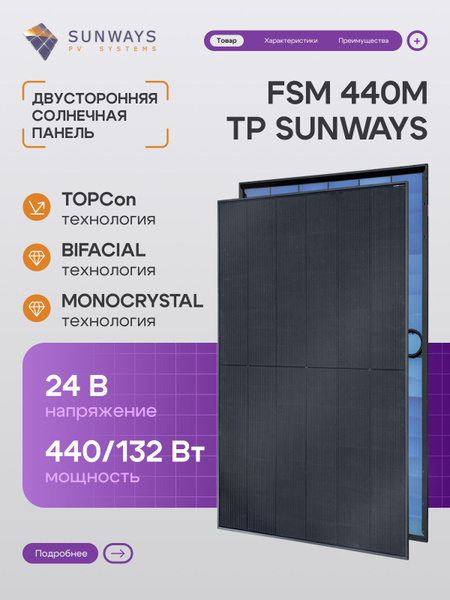 Двусторонняя солнечная панель FSM 440M TP TOPCon Sunways, 440Вт ...