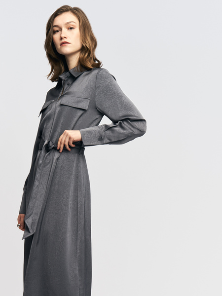 Платье Женский Zolla темно-серый Повседневный Длинный Полиэстер Пояс/ремень, размер 46 прямой ...