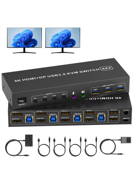 Переключатель KVM Switch (4PC, HDMI + DP 4K@60Hz, 3xUSB 3.0, remote ...