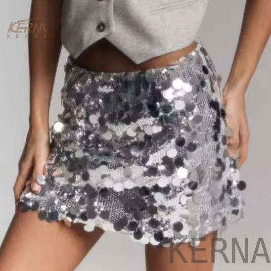 Юбка Женский KERNA серебро Политекс, размер 44, 42 Молния Мини Пайетки Горох Лето облегающий ...