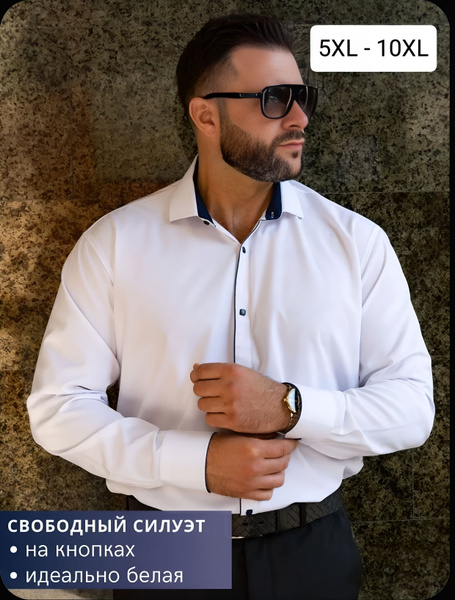 Рубашка Мужской HB-StyLe белый, синий Длинный Лавсан Воротник, Манжеты Однотонный, размер 58 ...