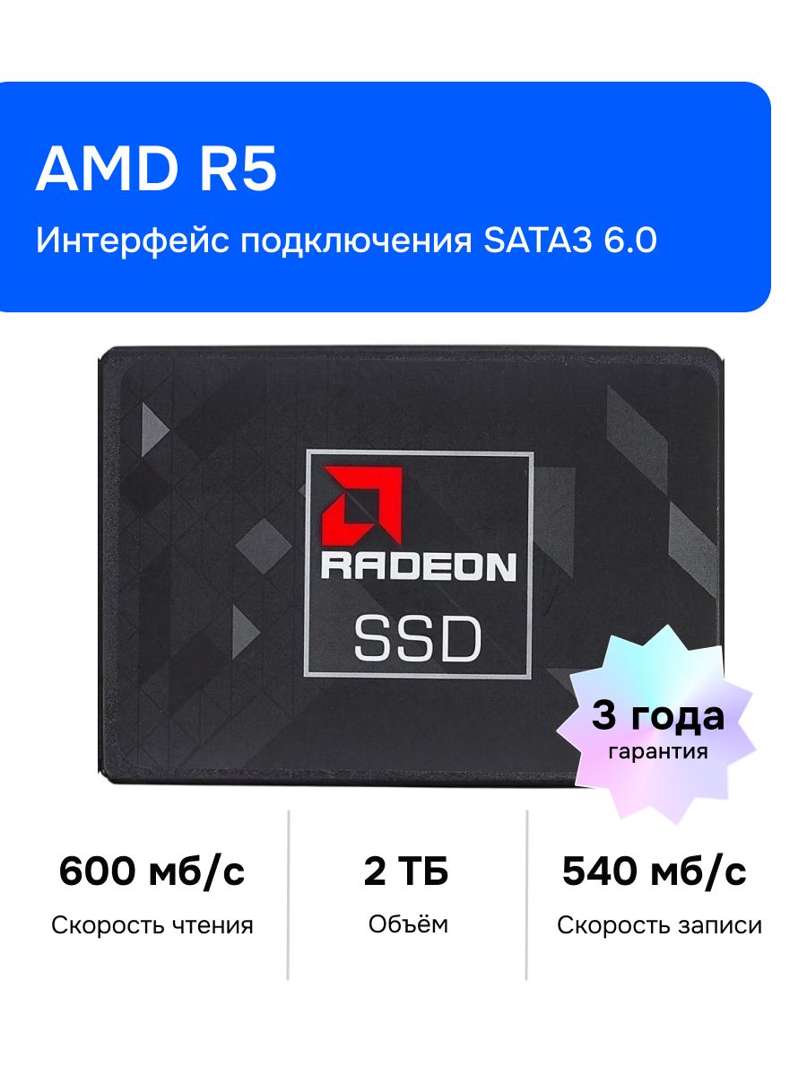 2 ТБ Внутренний SSD-диск AMD TLC 3D NAND Radeon R5 Series 2.5" SATA3 6. ...