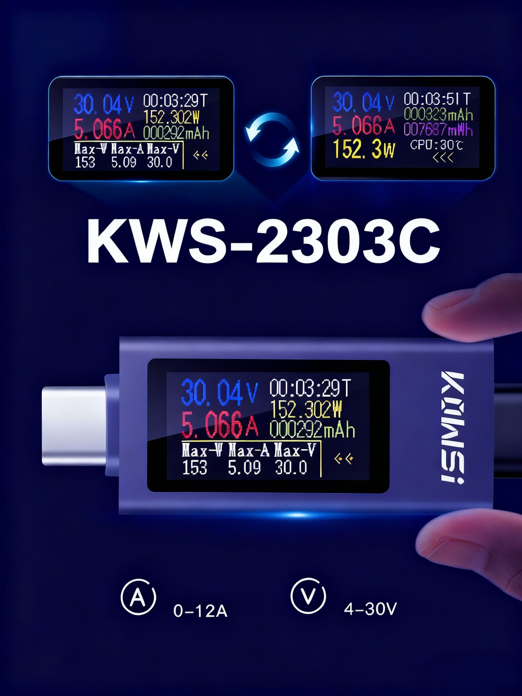 Многофункциональный USB тестер Kowsi KWS-2303C DC 4-30V 0-12А Type-C ...