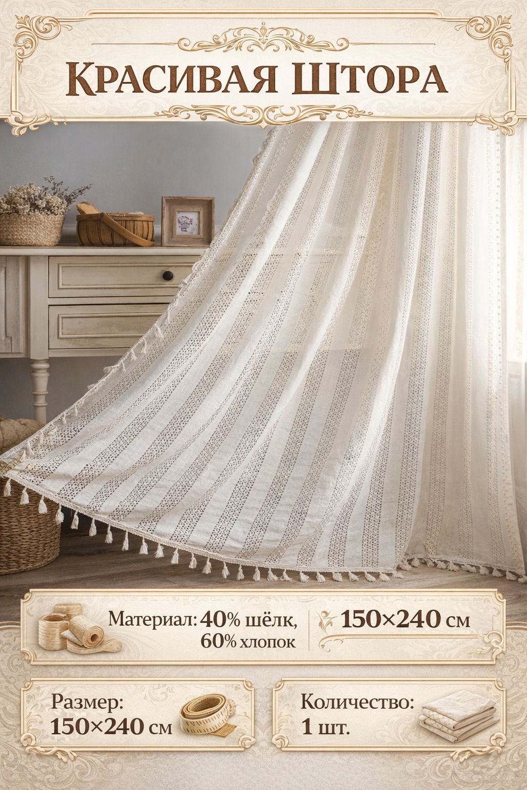 портьера CCCCL , 240х150см, 150*240CM-бежевые ажурные вертикальные ...
