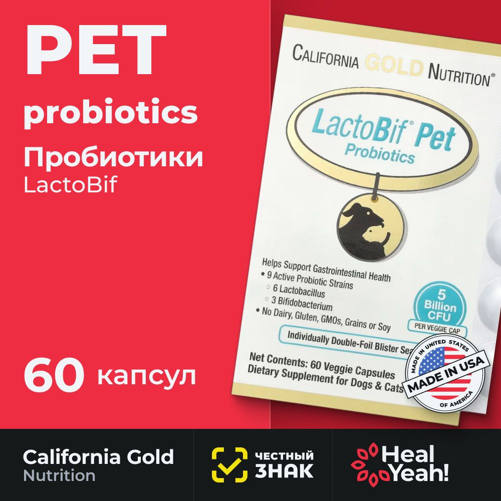 California Gold Nutrition, пробиотики LactoBif Pet, 5 млрд КОЕ, 60 ...