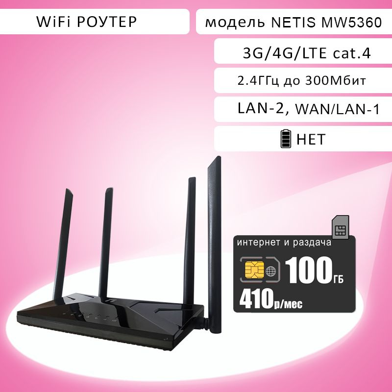Роутер Netis MW5360, интернет 100ГБ за 410р, черный, 2.4 ГГц купить по ...