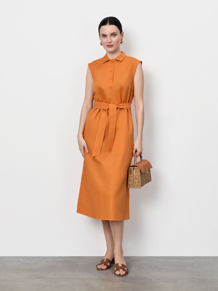 Платье Женский Just Clothes оранжевый Повседневный Лён, Хлопок, размер ...