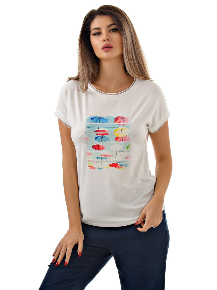 Футболка Женский AB Collection кремовый Короткий, размер 56 Вискоза Пейзаж прямой Стразы ...