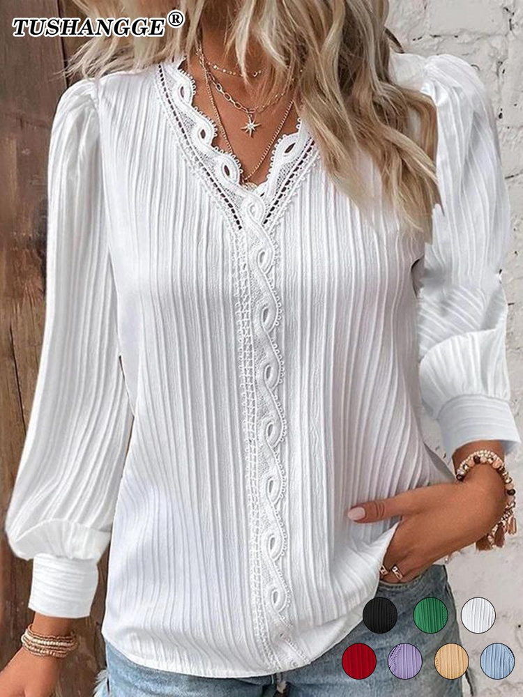 Блузка Женский TUSHANGGE белый Полиэфирное волокно Кружево, Воротник Длинный Однотонный, размер ...