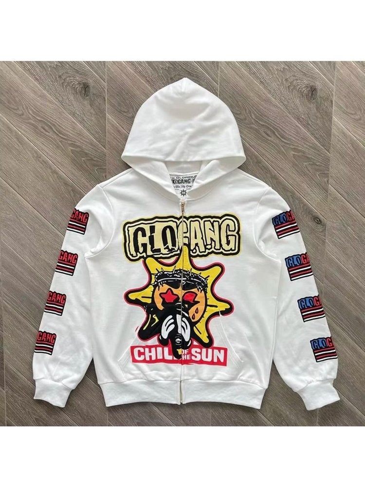 Худи Мужской GLO GANG Швы наружу белый Молния Хлопок, размер 46 облегающий Длинный Абстракция ...