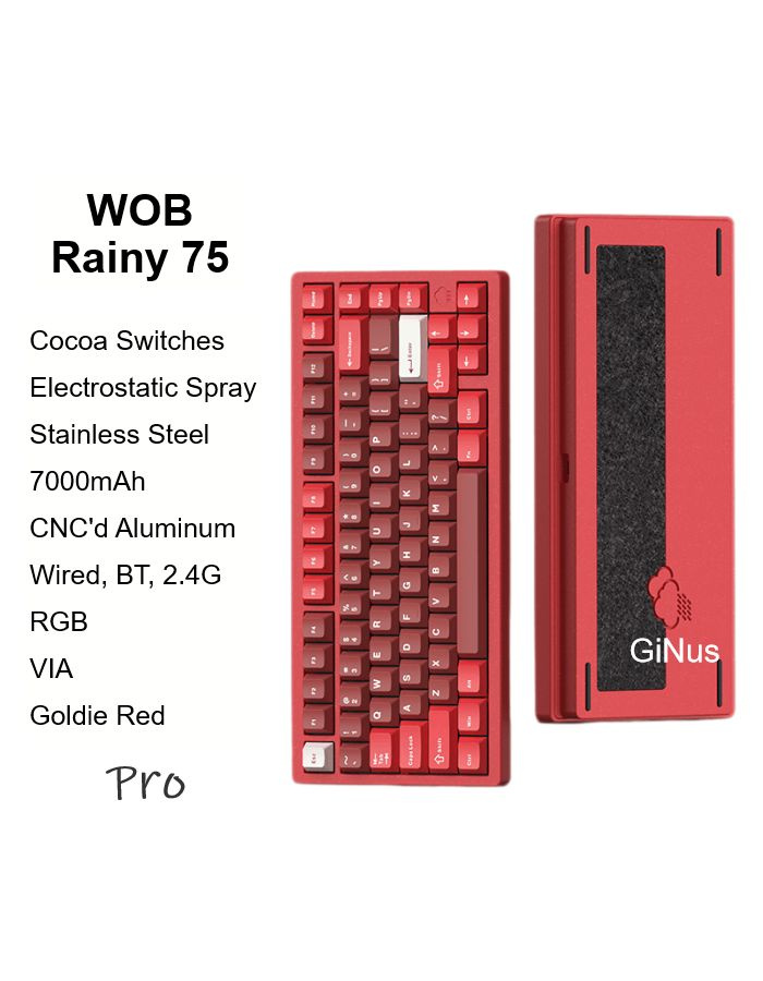 WOB Игровая клавиатура беспроводная Rainy75 Pro, Goldie Red, RGB, CocoaSwitches, ElecSpray ...
