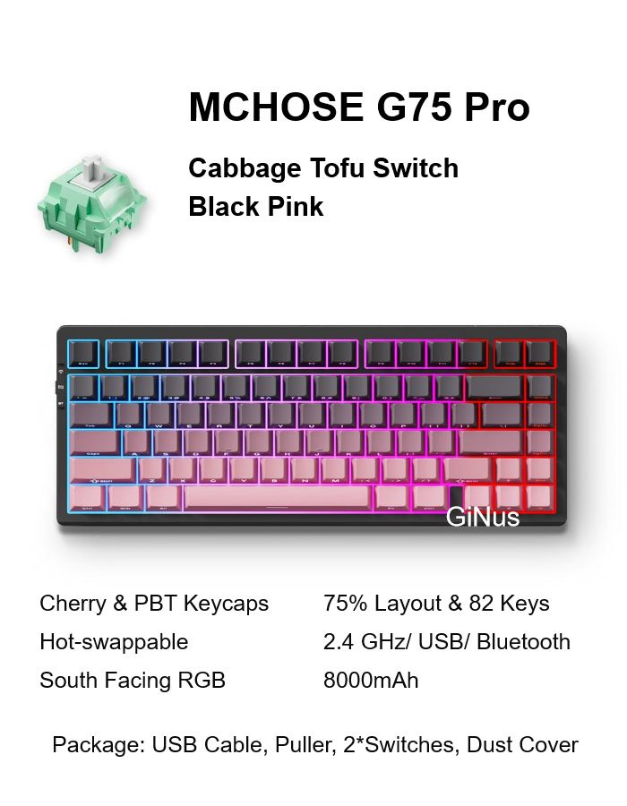MCHOSE Игровая клавиатура беспроводная G75 Pro, Cabbage Tofu Switch, Black Pink, Английская ...
