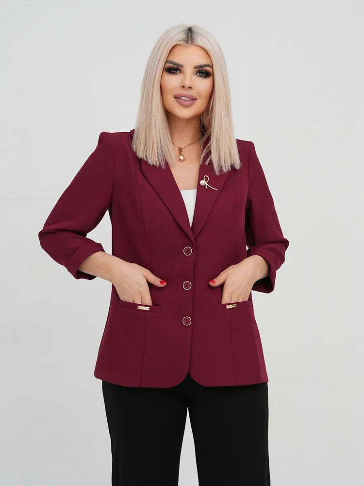 Пиджак Женский Tiffany collection бордовый, размер 56 Полиэстер Броши ...