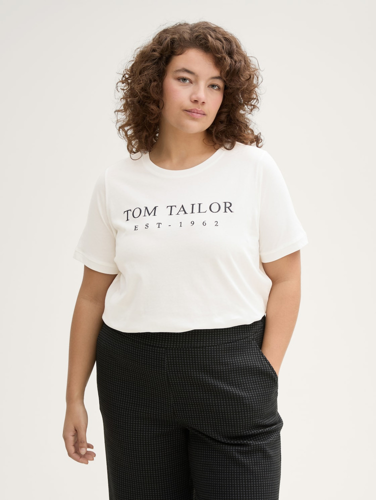 Футболка Женский Tom Tailor белый мрамор Короткий, размер 58 Хлопок Логотип прямой Повседневный ...