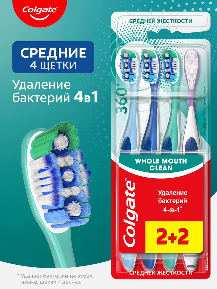 Зубная щетка Colgate 360 Суперчистота всей полости рта, антибактериальная, средней жесткости ...