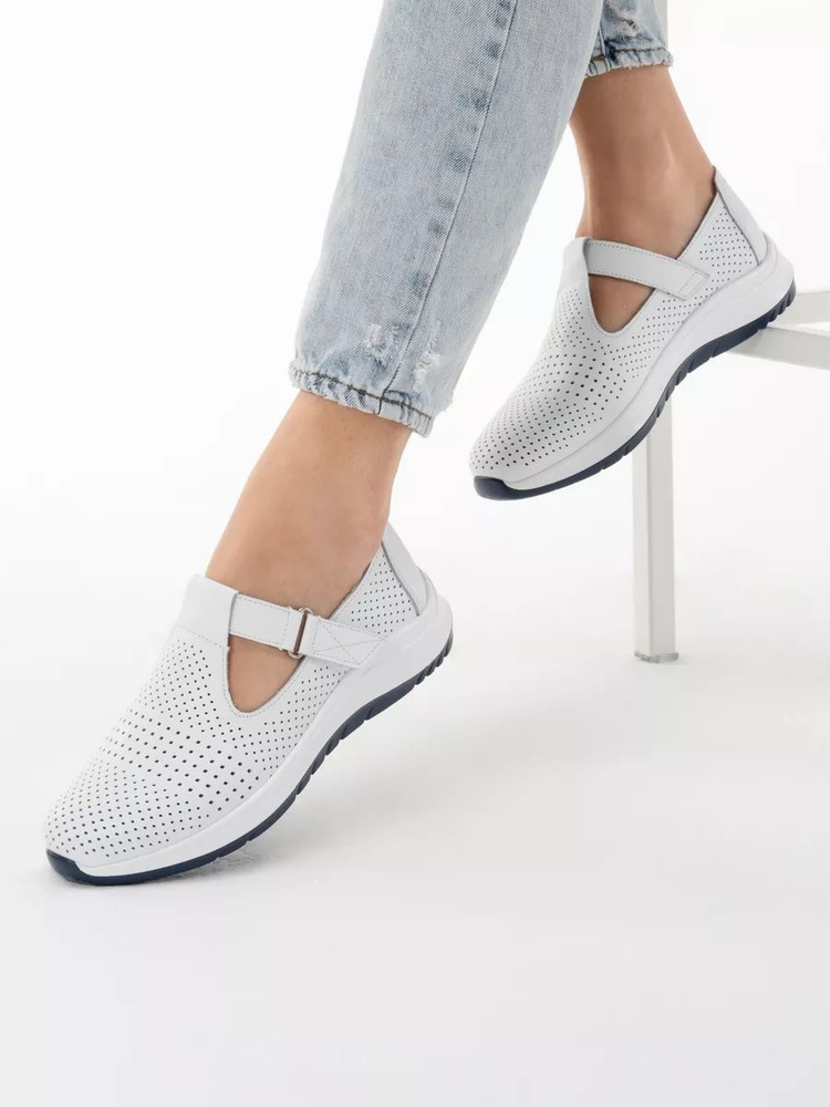 Туфли Женский Covani Натуральная кожа, размер 40 Без каблука 7 слиперы Россия Липучки Перфорация ...