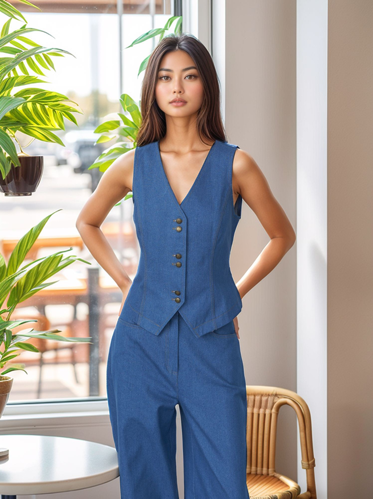 Жилет Женский Zametnaya fashion голубой Джинс, размер 50 Пряжки, Хлястик приталенный Пуговицы ...