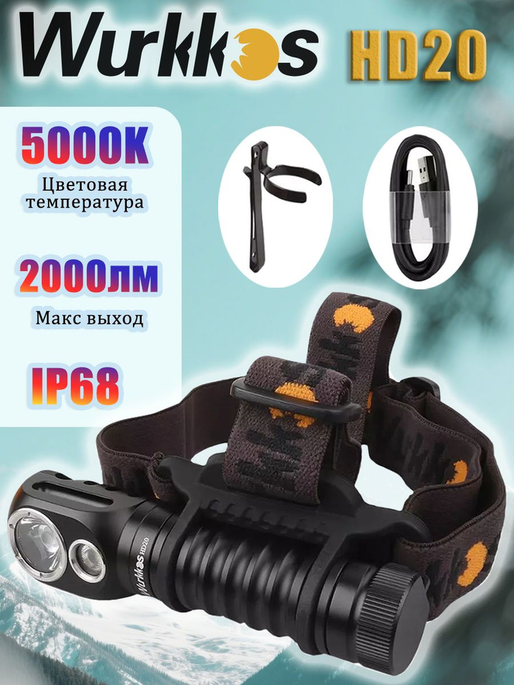 Wurkkos HD20 Перезаряжаемый налобный фонарь 2000 лм с аккумулятором ...