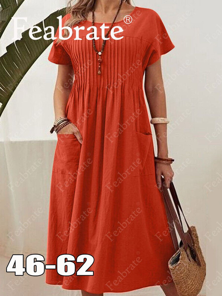 Платье Женский Feabrate красный Повседневный Короткий Лён, размер 46 Однотонный купить c ...
