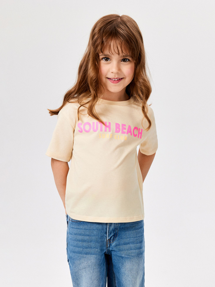 Футболка Девочки Acoola бежевый, розовый Короткий, размер 122 Трикотаж, Хлопок Надписи, Буквы и ...
