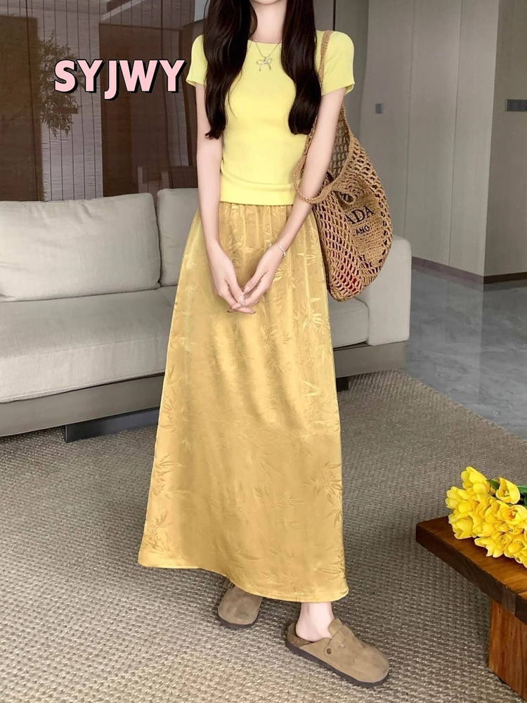 Юбка Женский SYJWY желтый Шелк, Полиэфир, размер 46 Комбинированная Надписи На любой сезон ...