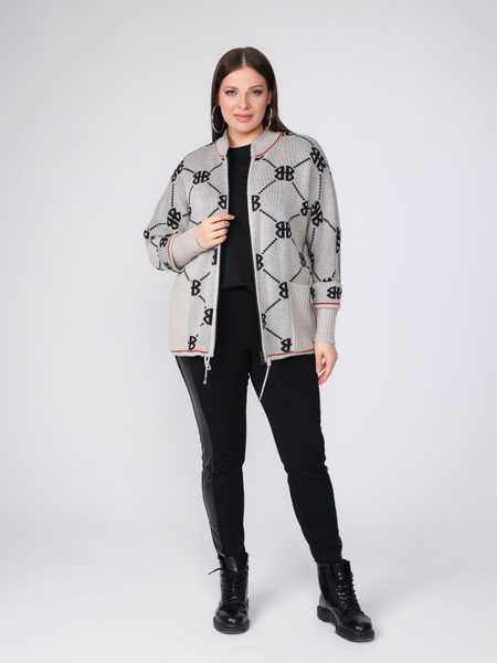 Жакет Женский BONADI бежевый Трикотаж, размер 54 Длинный Молния Буквы и цифры Домашний Беларусь ...