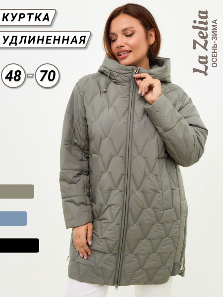 Куртка Женский La Zelia хаки капюшон Полиэстер, размер 56 Длинный Демисезон прямой Термофинн ...