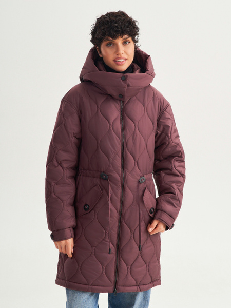 Парка Женский Elfina Кнопки, Люверсы винный Полиэстер, размер 52 Длинный Еврозима свободный ...