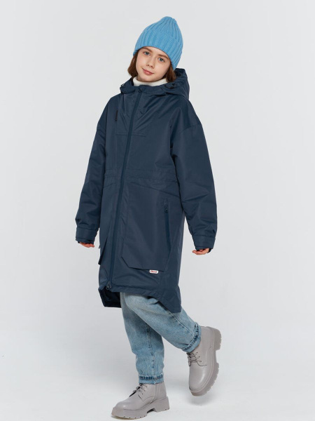 Плащ Девочки OLDOS темно-синий, синий Длинный капюшон Карманы, Капюшон, размер 146 Полиэстер ...