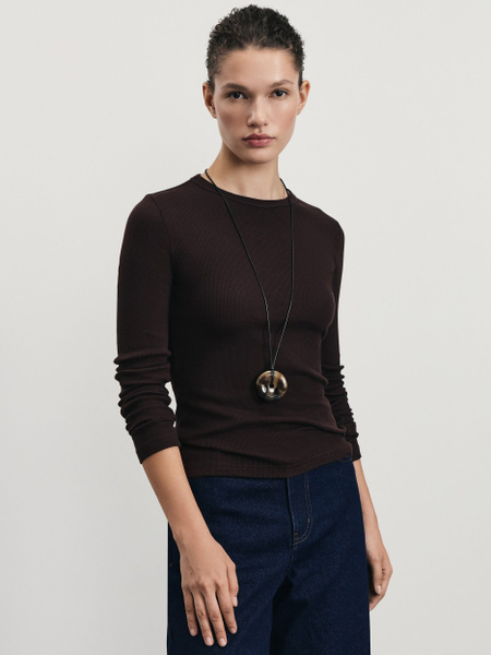 Лонгслив Женский Zarina темно-коричневый Длинный, размер 52 Хлопок, Эластан облегающий ...