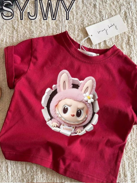 Футболка Девочки, Мальчики SYJWY рубиновый, размер 120 Хлопок Логотип, Портрет свободный ...