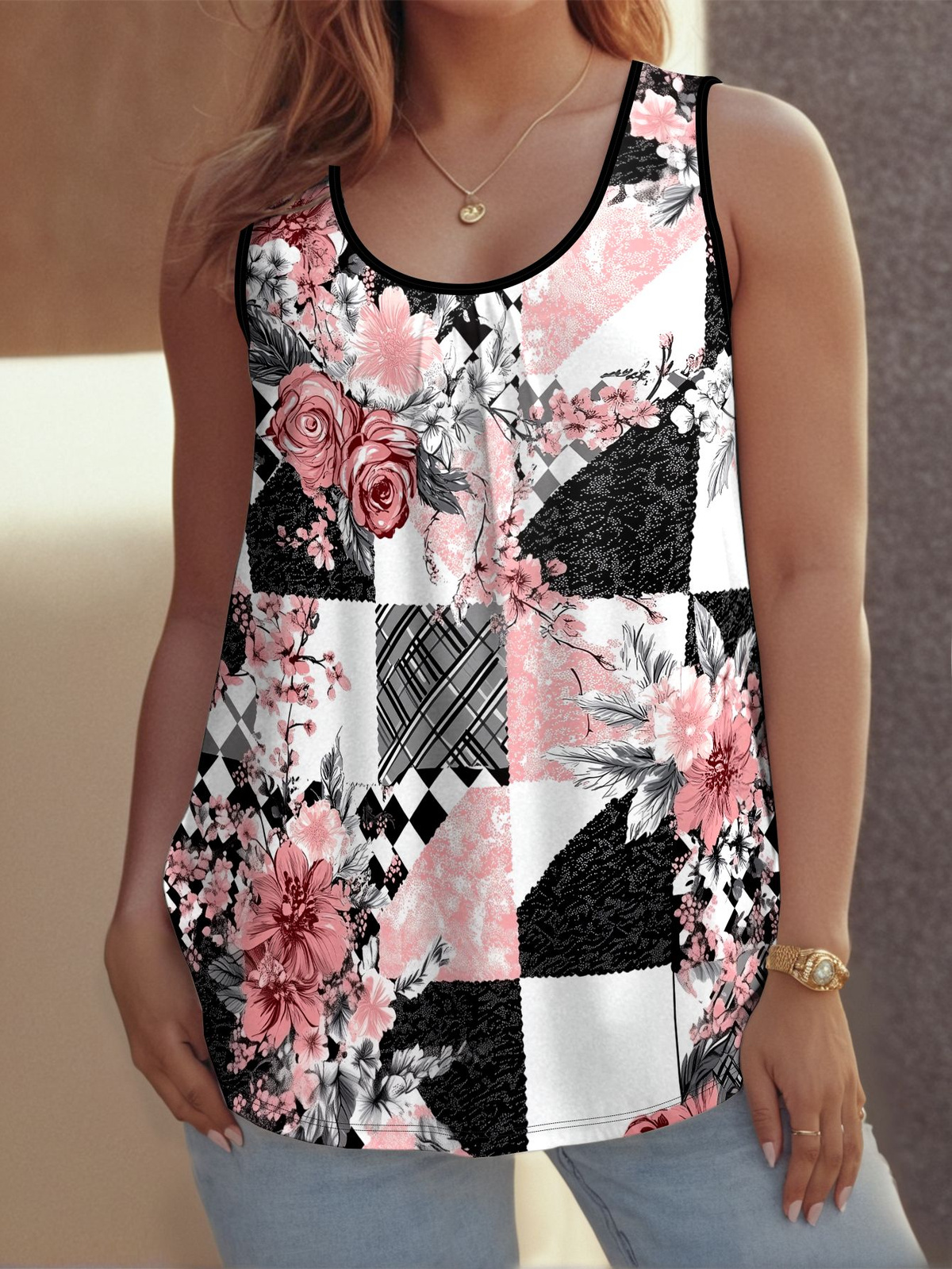 Майка Женский амарантово-розовый, размер 54 Повседневный Китай Цветочный, Другое, рост 160-180 ...