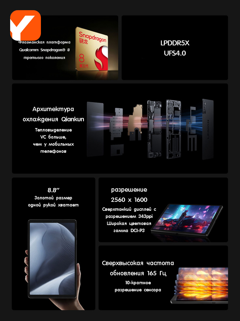 Lenovo Планшет Gen3 Y700 8.8" LCD 2560x1080, 16 ГБ / 512 ГБ 6550 белый купить c доставкой на ...