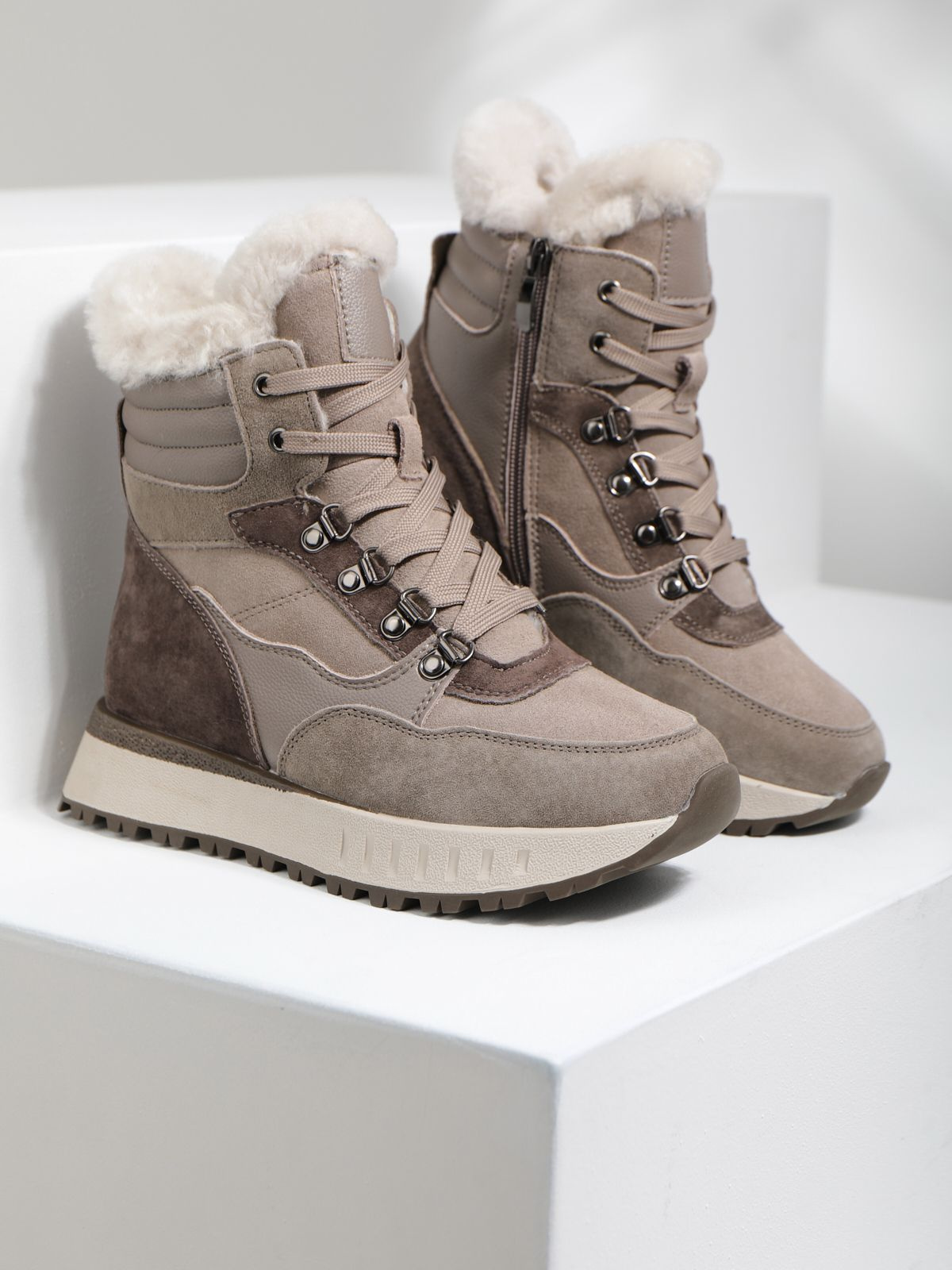 Ботинки Женский Covani серый, бежевый, размер 37 Зима 7 Шнурки Стандартный низкий (до 4 см ...