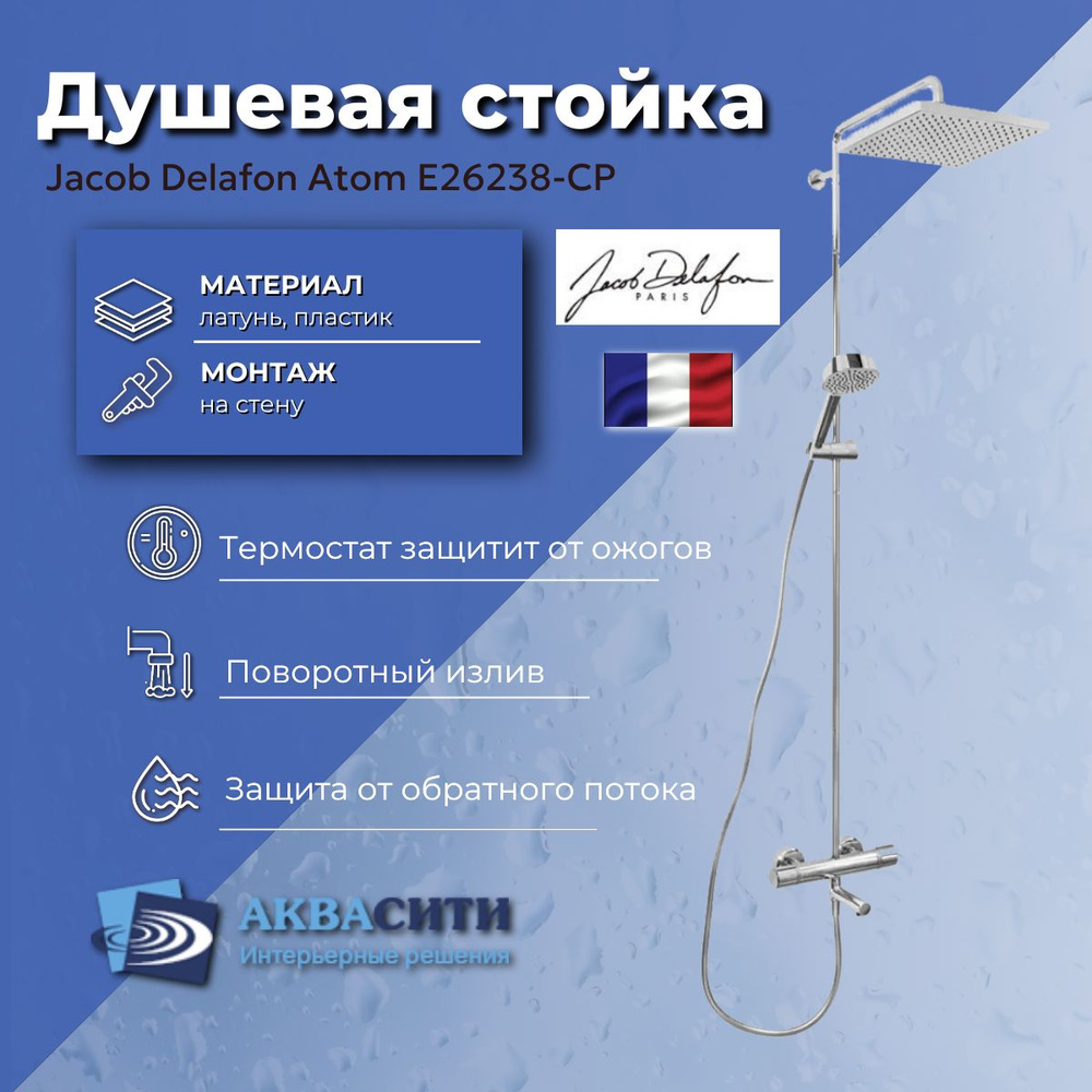 Душевая система с тропическим душем и смесителем Jacob Delafon Atom E26238-CP термостат хром ...