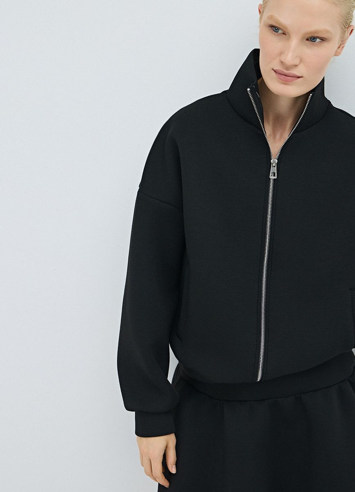 Бомбер Женский O'STIN Карманы черный Трикотаж, размер 46, 48 Длинный На любой сезон свободный ...