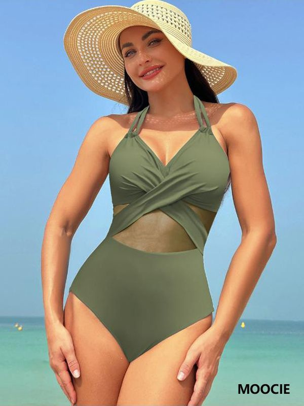 Купальник слитный Женский MOOCIE бикини, с открытыми плечами авокадо Пляжный, размер 50 Плавание ...