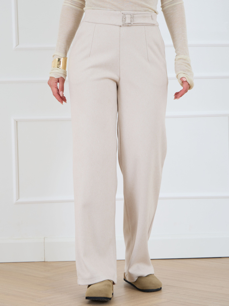 Брюки Женский SLN широкие, прямые светло-песочный Шерсть, Хлопок Повседневный, размер 44 Резинка ...