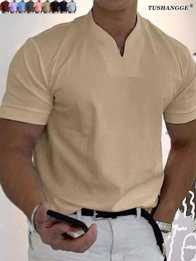 Рубашка Мужской TUSHANGGE хаки Короткий Лавсан Однотонный, размер 62, 64 облегающий Без застежки ...