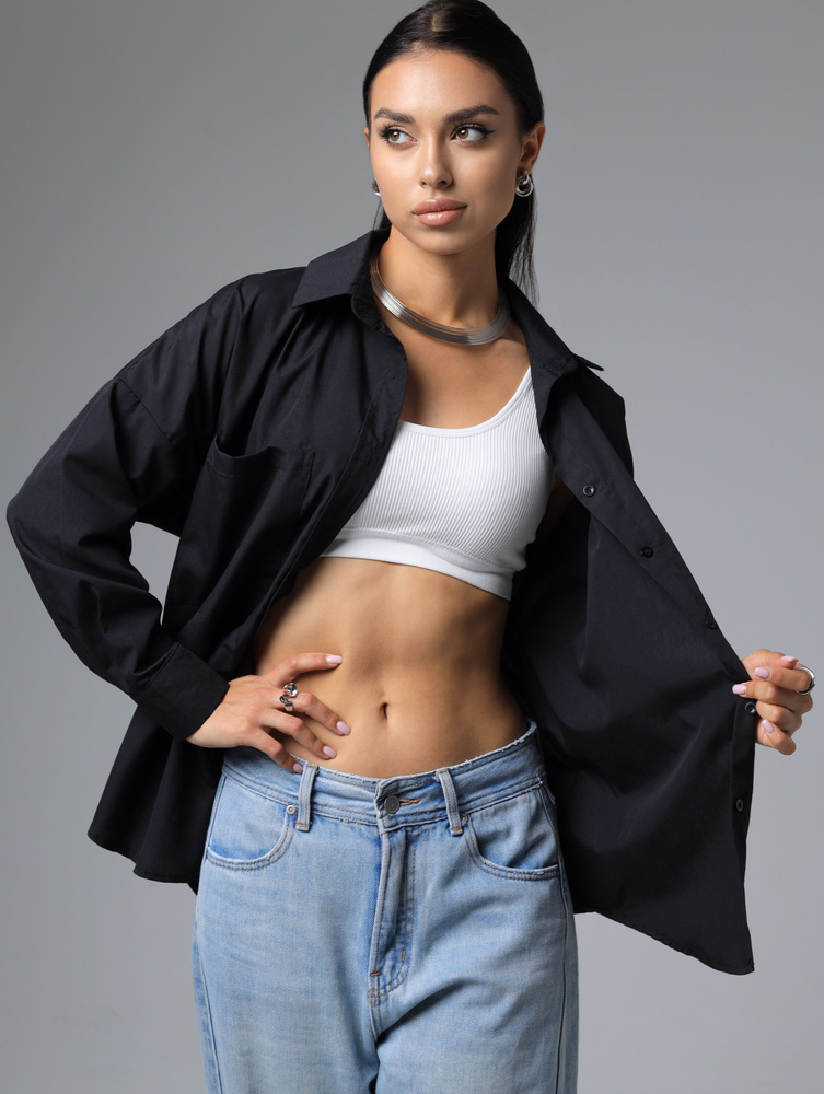 Рубашка Женский Makey Kelly черный Длинный Хлопок Карманы Однотонный, размер 56 оверсайз ...