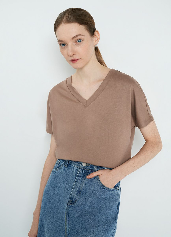 Футболка Женский FUNDAY бежевый Короткий, размер 52, 54 Трикотаж Однотонный свободный ...