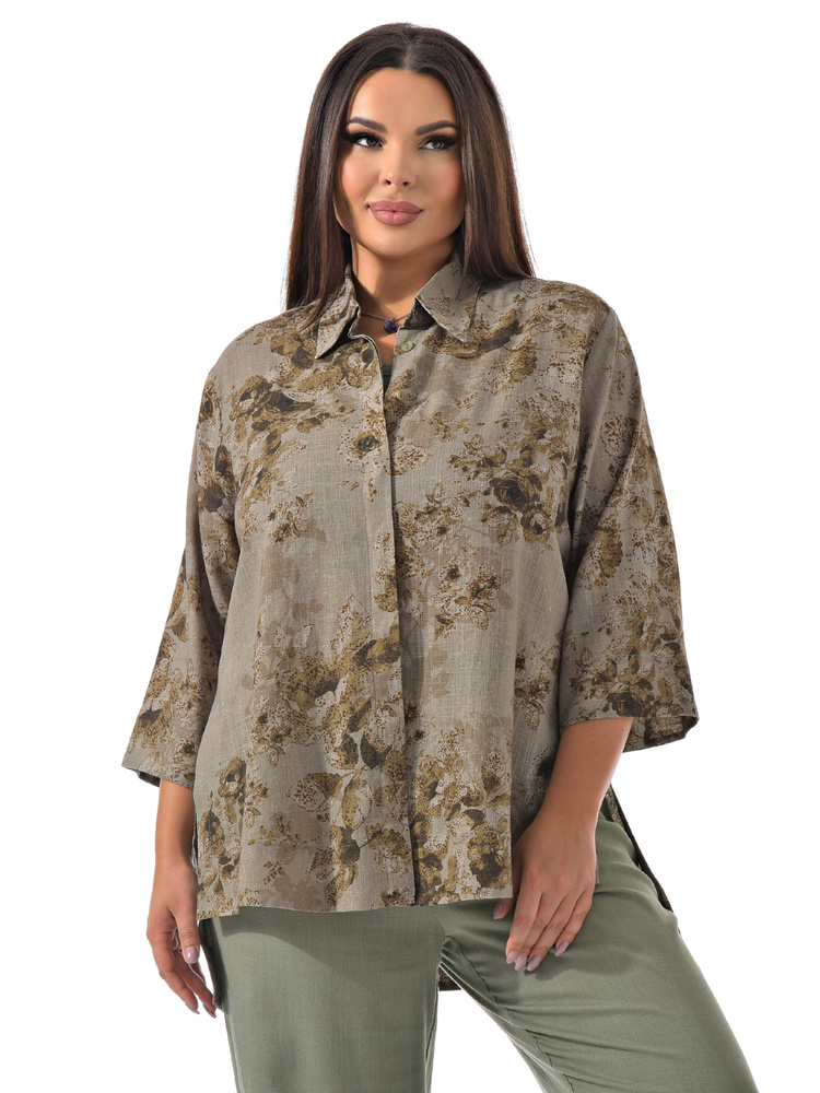 Рубашка Женский AB Collection хаки Укороченный Вискоза, Лен Цветочный ...