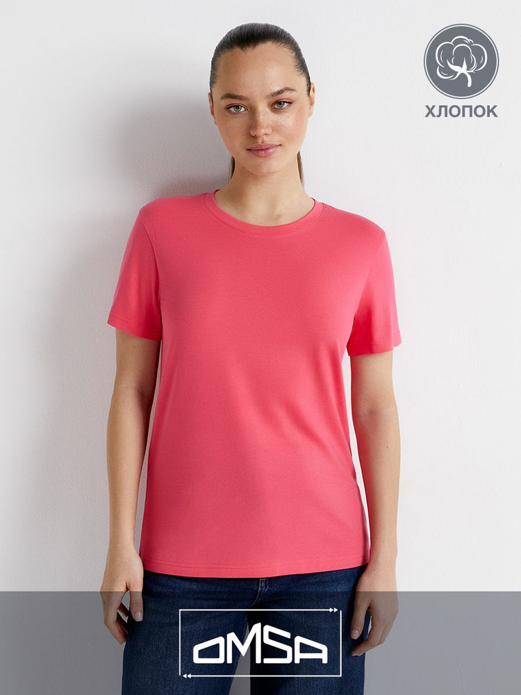 Футболка Женский Omsa темно-розовый Короткий, размер 42 Хлопок Однотонный прямой Повседневный ...