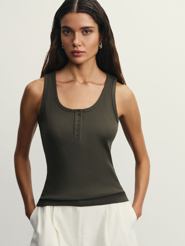 Майка Женский Zarina оливковый, размер 46 Хлопок, Эластан Повседневный Узбекистан приталенный ...