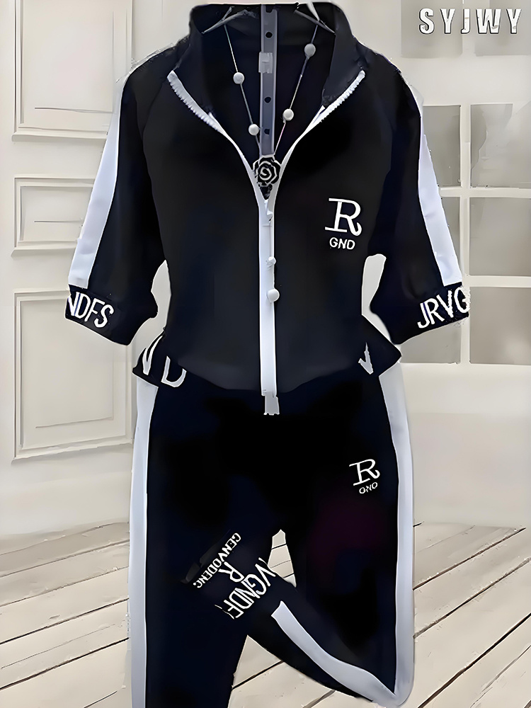 Комплект одежды Женский SYJWY Повседневный черный, размер 52 Полиэфирное волокно Логотип Карманы ...