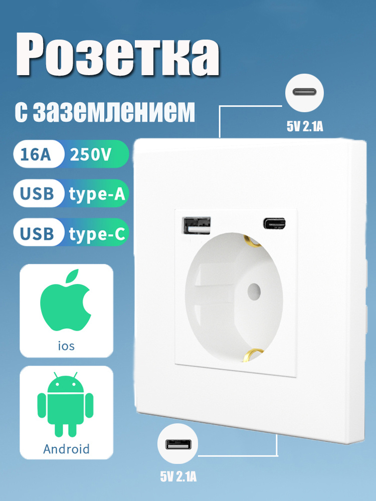 Розетка с Usb и Type C 220В с заземлением и защитой от короткого замыкания со шторками белый