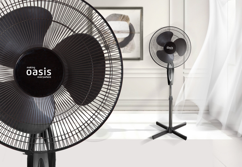 Напольный вентилятор Oasis VF-50PB, 3 скорости вращения, Угол наклона 25 гр, Регулировка высоты ...