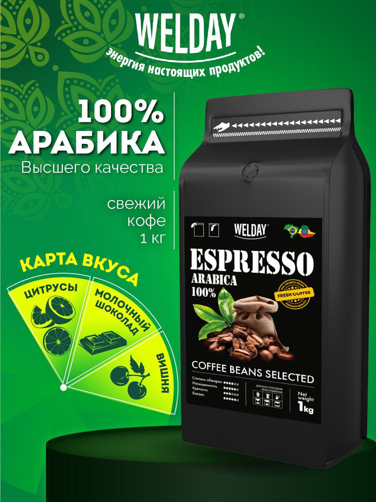 Кофе в зернах 1 кг арабика 100%, для кофемашины и турки, Welday ...